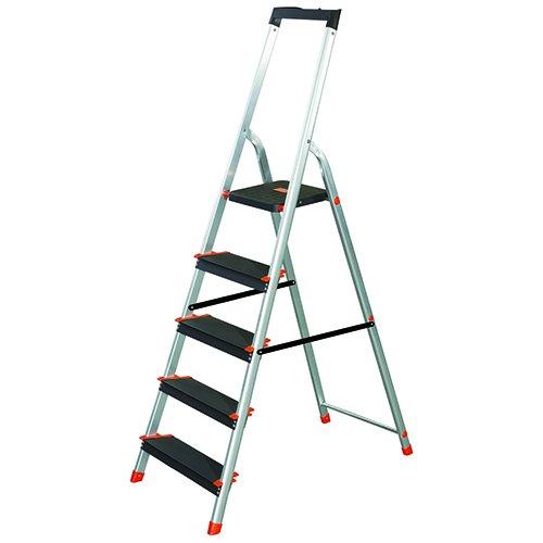 HOMEZ Full Aluminum Stepladder 5 Step With Extra Wide Steps And Tool ...