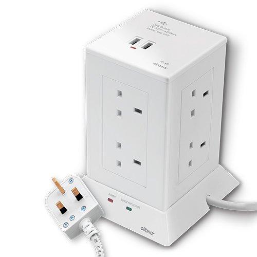 alfanar, Cord Extension Tower, 13A, 8 Sockets, 2 USB Ports, 3 Meters ...