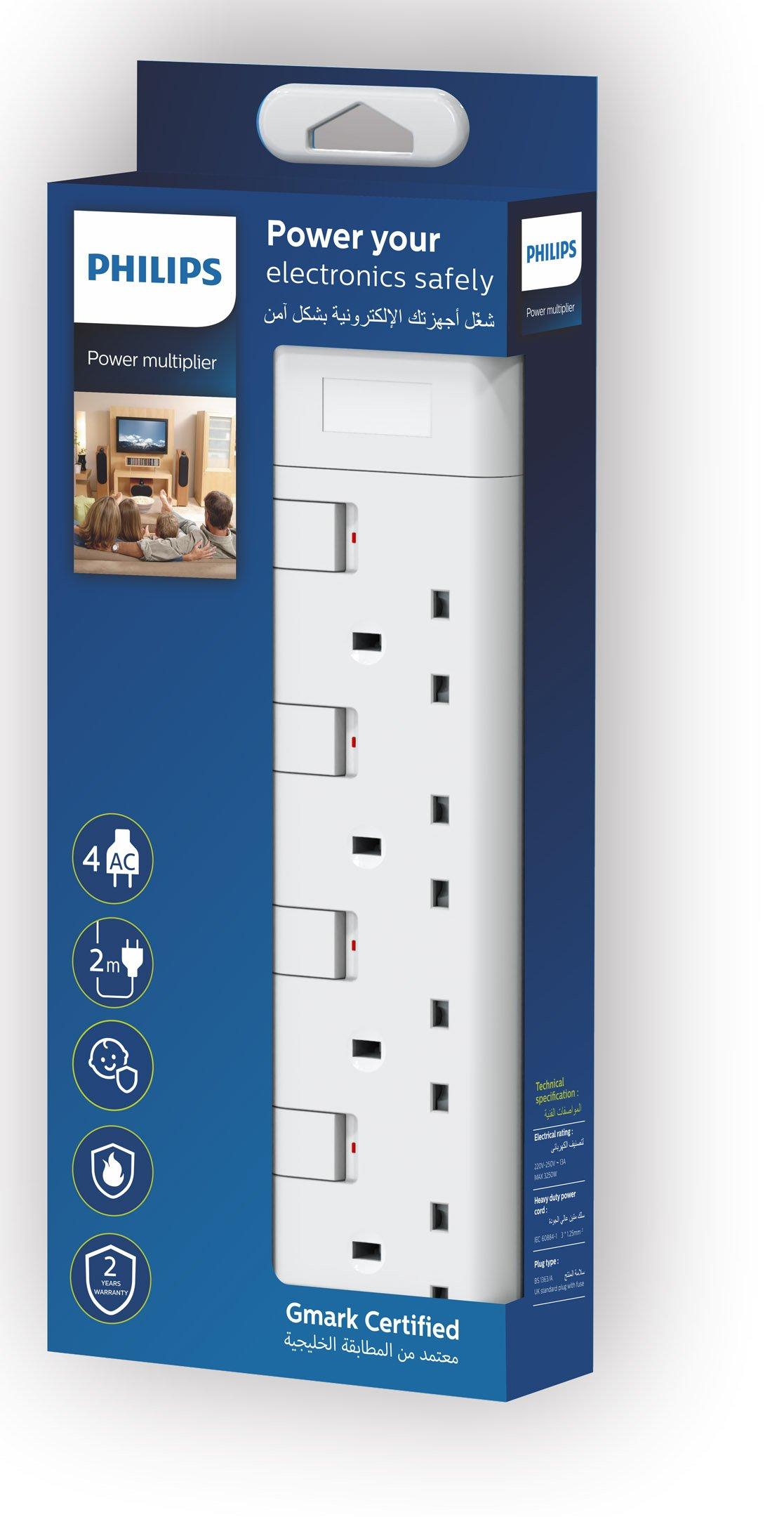 Philips, POWER MULTIPLIER Power Extension Cord 4-Way BS Socket, 2m, White - eXtra Bahrain