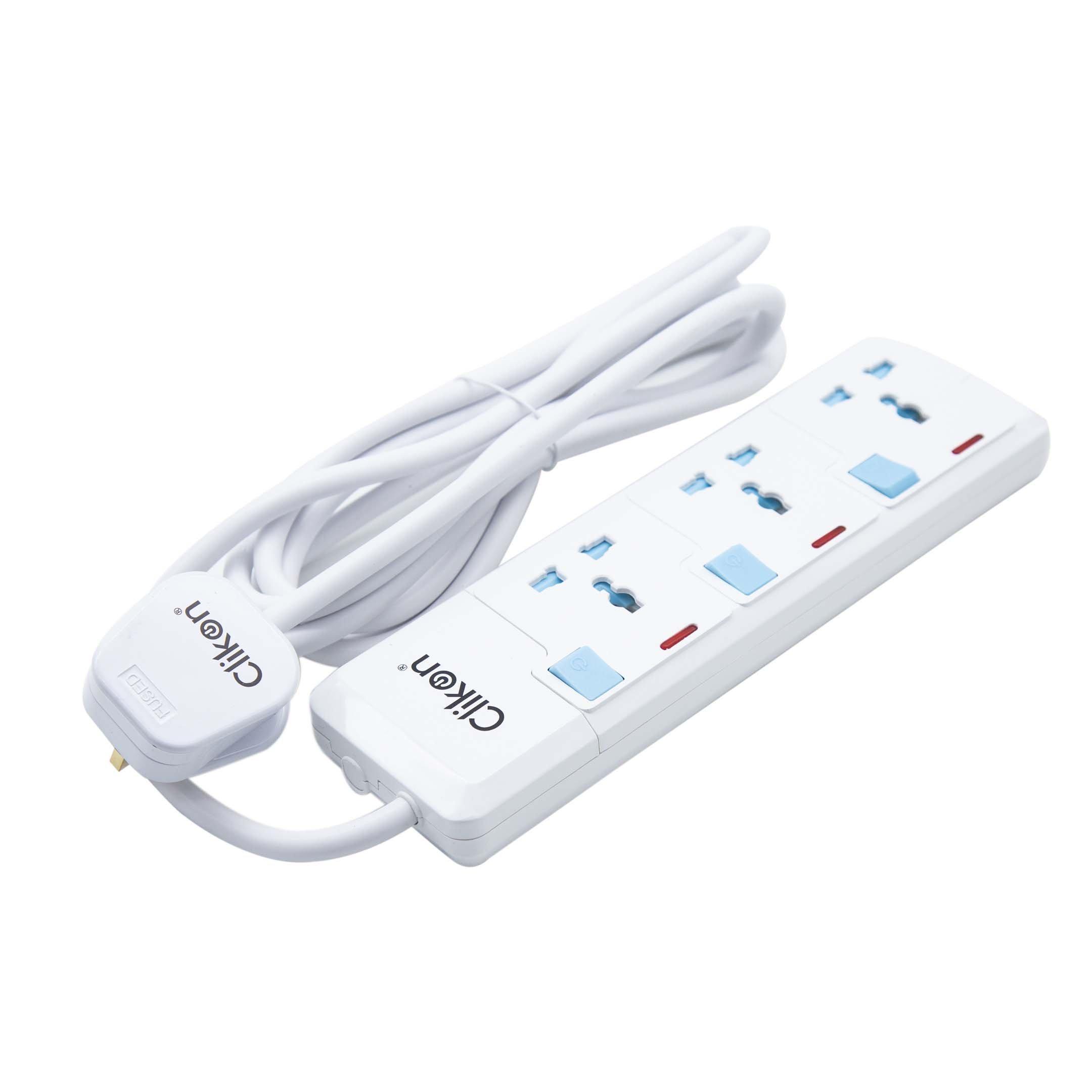 Clikon, 3.0m 3-Way Universal Power Extension Socket UK Plug White ...