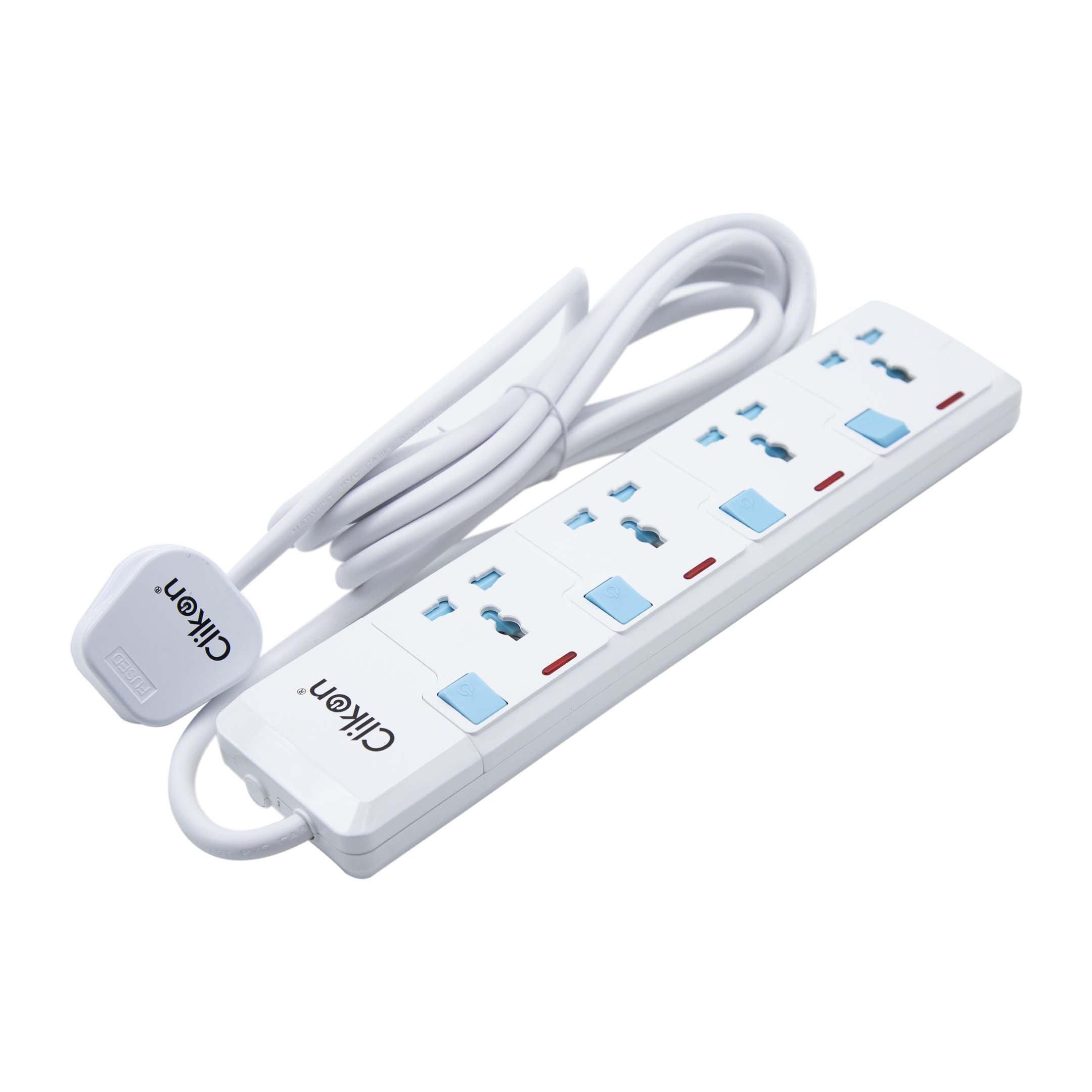 Clikon, 3.0m 4-Way Universal Power Extension Socket UK Plug White ...
