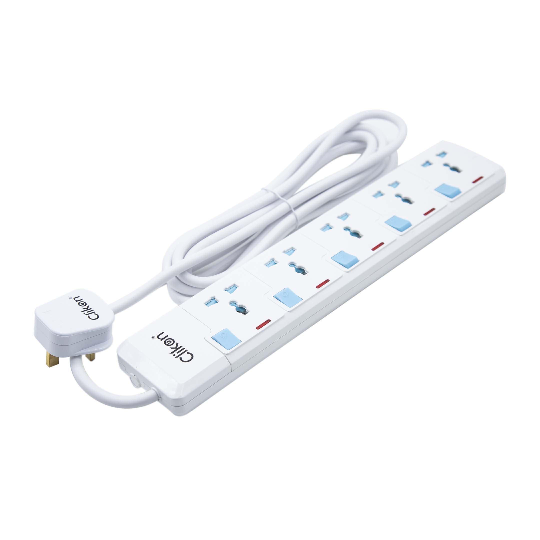Clikon, 5.0m 5-Way Universal Power Extension Socket UK Plug White ...