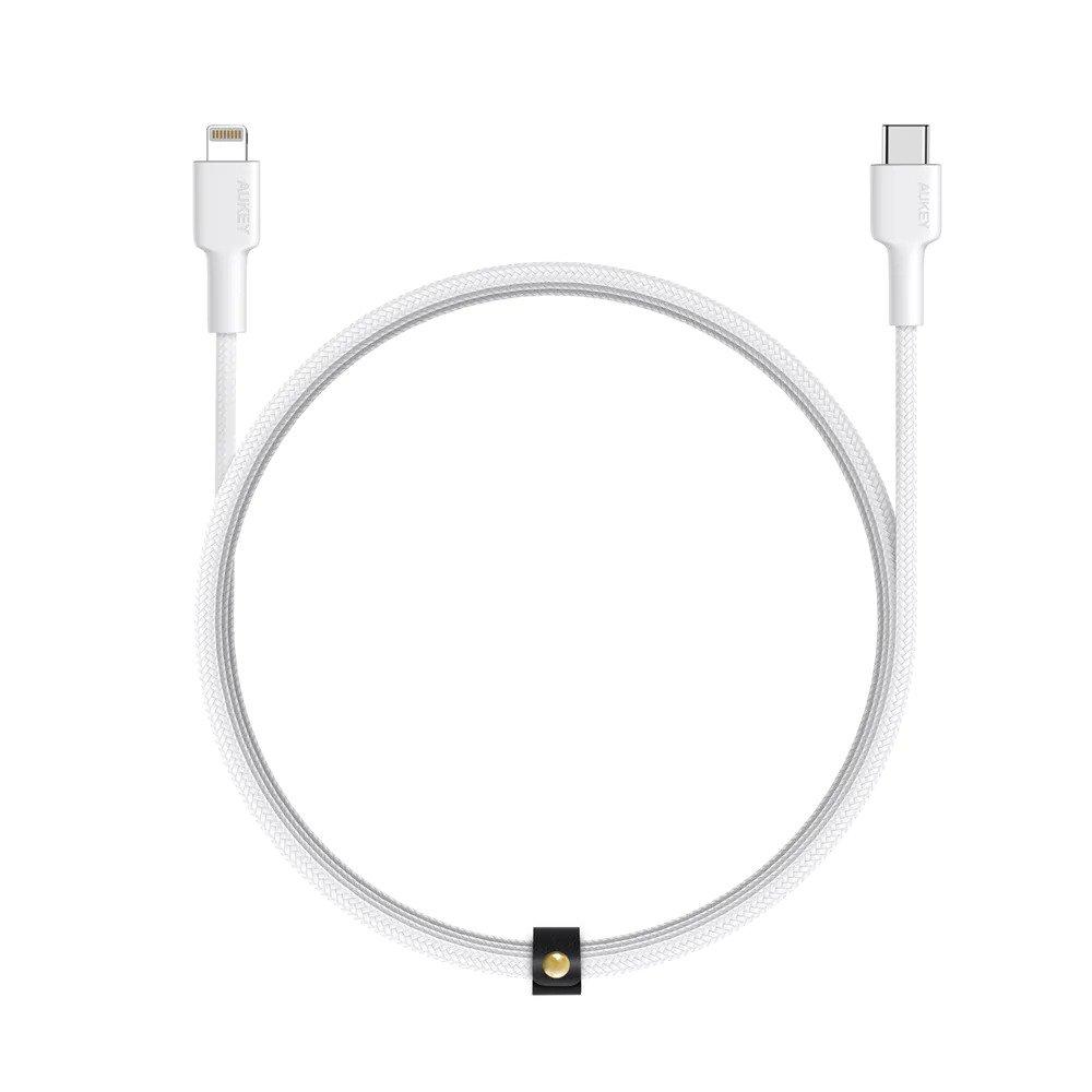 Aukey USB-C To Lightning Nylon Braided Data Cable MFI White - eXtra Bahrain