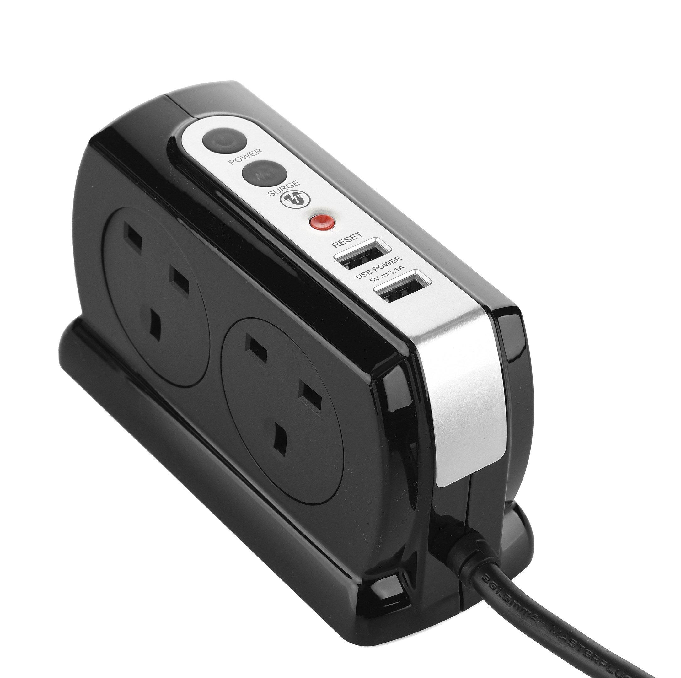 Masterplug, High Gloss 4 Socket Compact Power Extension Cord, 2 USB, 4 ...