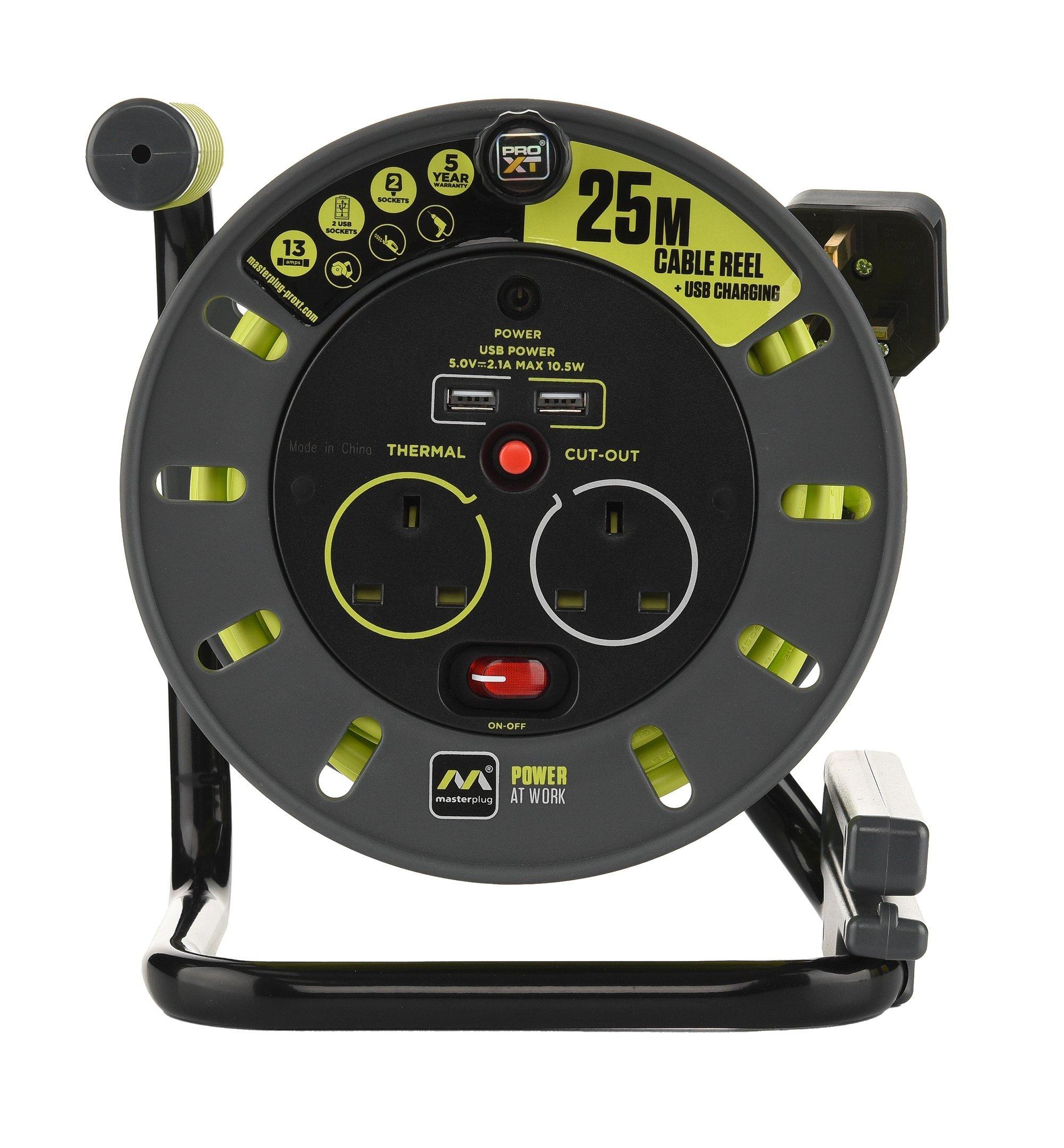 Masterplug, Open Cable Reel Extension 2 Socket, 2USB, 25 Metres, Green ...
