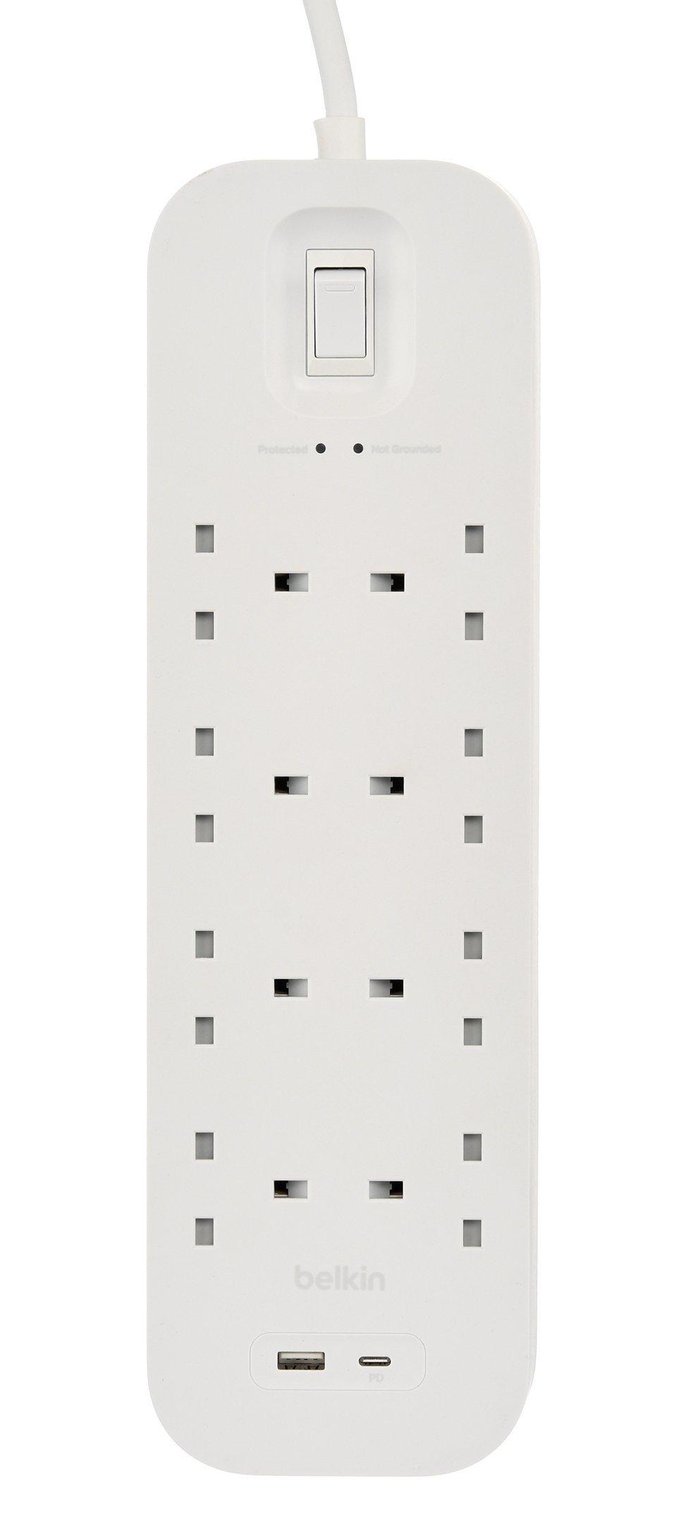 Belkin 8 Way Power Extension, 2M Cord, 18W USB-A & USB-C Ports - eXtra
