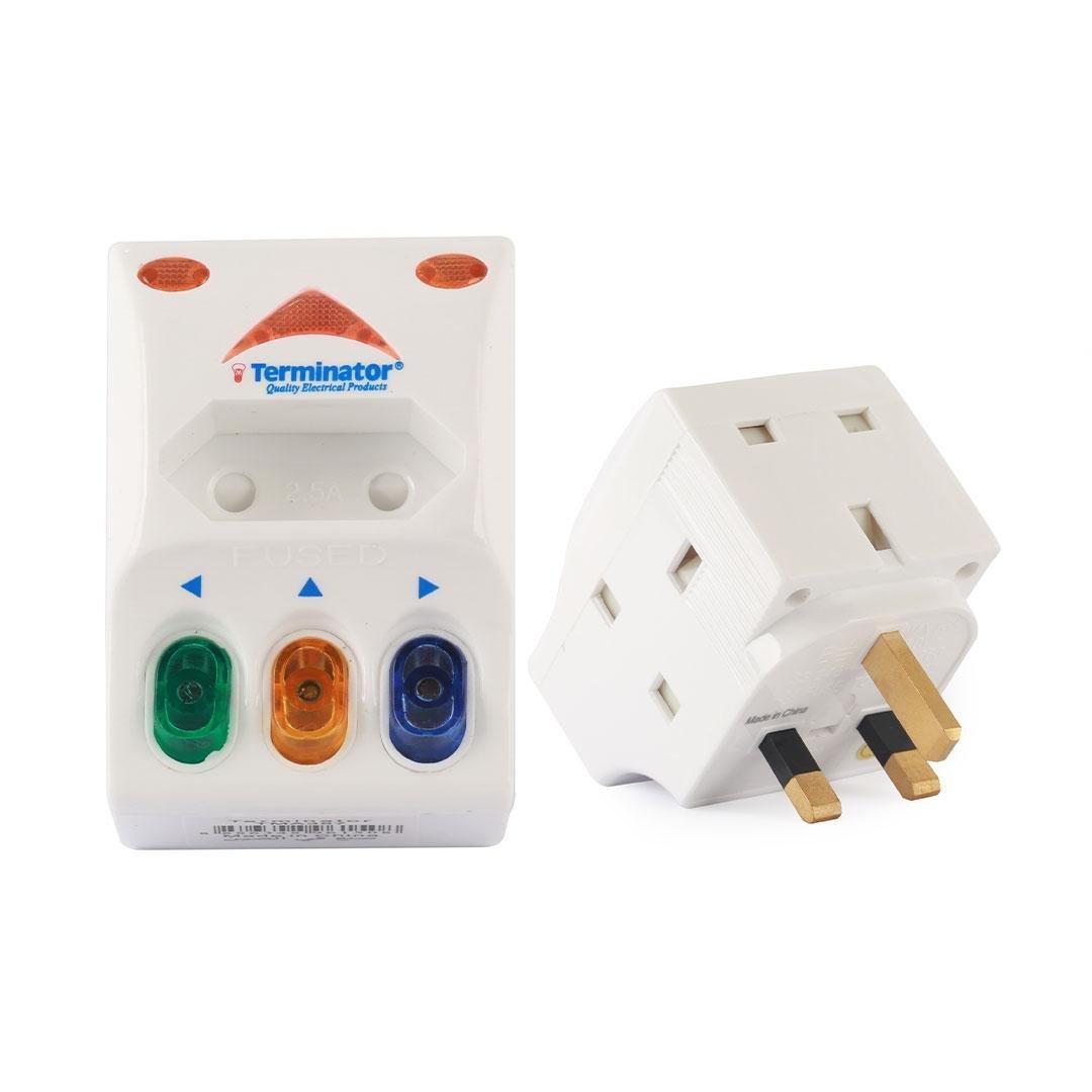 Terminator 3Way 13Amp Adaptor With Switch White - eXtra Bahrain