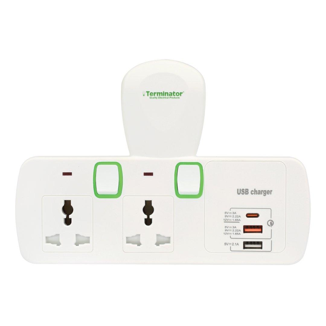 Terminator 2Way With 3USB 13Amp Universal T Socket White - eXtra Bahrain
