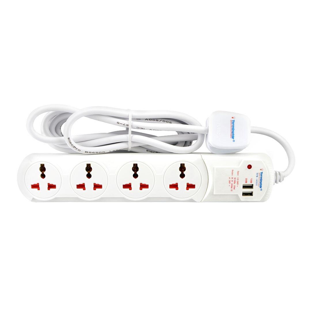 Terminator 4 Way 3Mtr Wire With 2USB Ports 13Amp Extension Board White ...