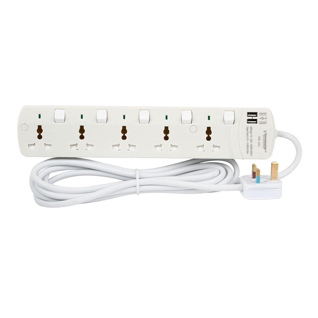 Terminator 5Way 3Mtr Wire 13Amp 2USB Ports Universal Extension Board With Switch White - eXtra ...