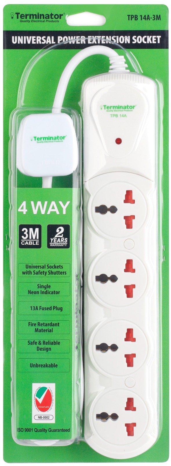 Terminator 4 Way 3 Mtr Wire With 13Amp Universal Extension Board White ...