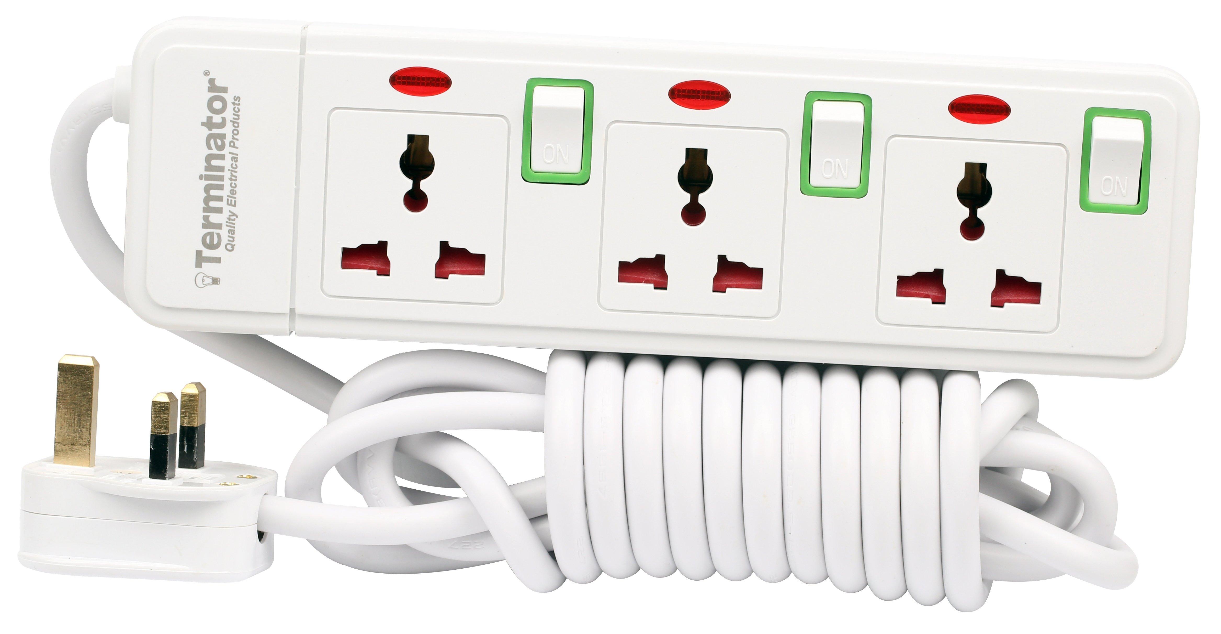 Terminator 3 Way 3 Mtr Wire 13Amp Universal Extension Board White ...