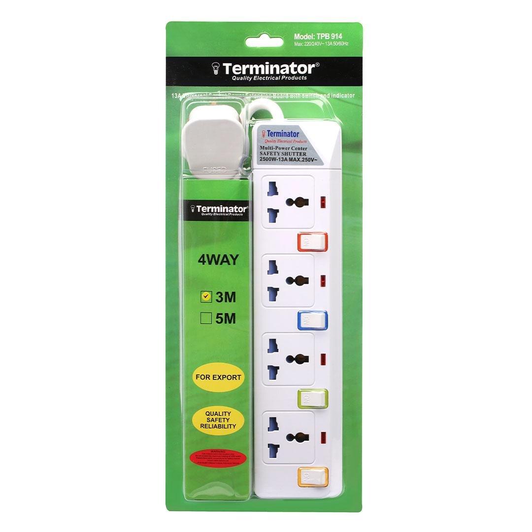 Terminator 4 Way 3Mtr Wire With 13Amp Universal Extension Board White ...