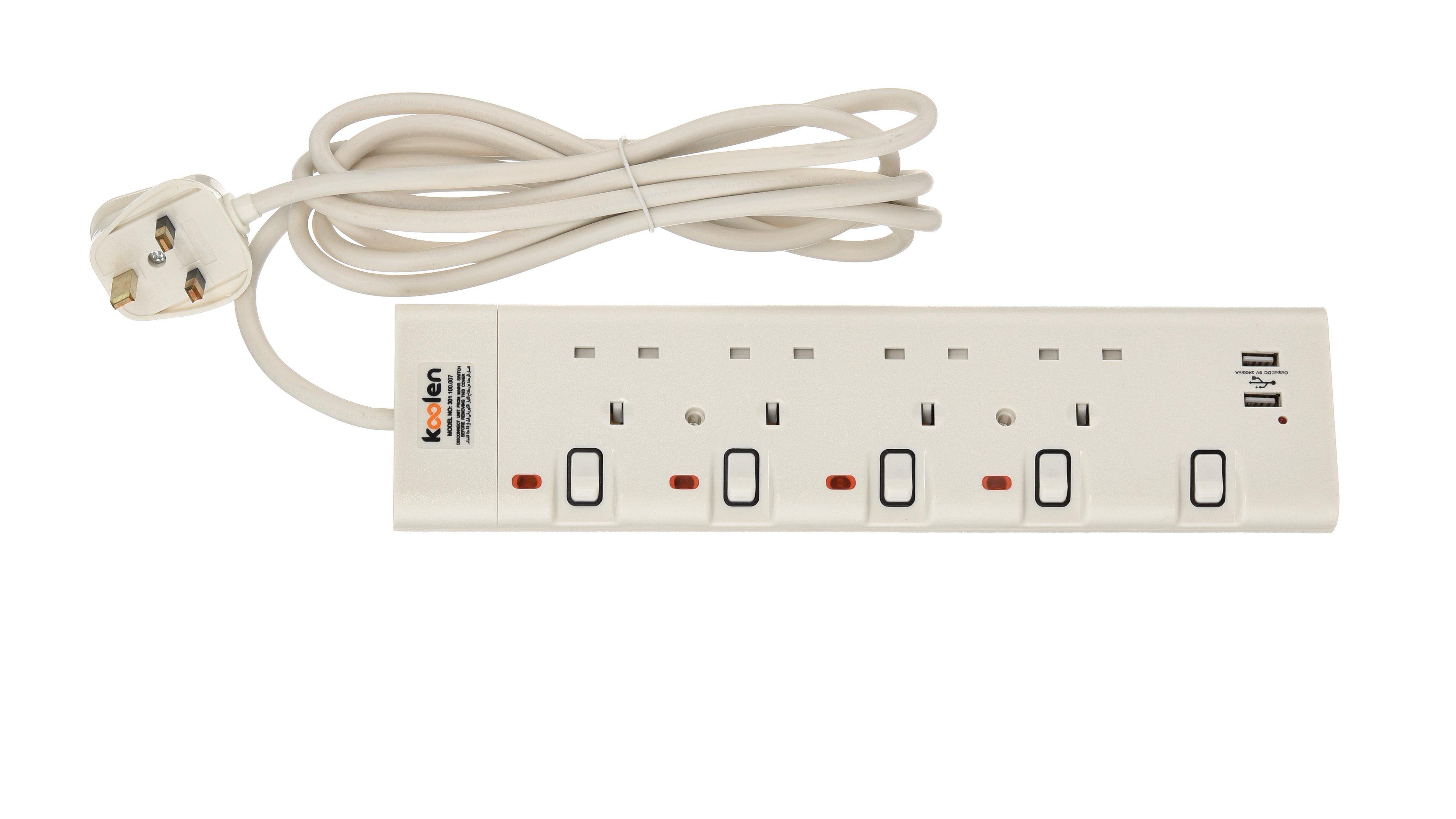 Koolen, 4 Ways Power Extension Sockets, 3 m, 2 USB Ports, White. - eXtra