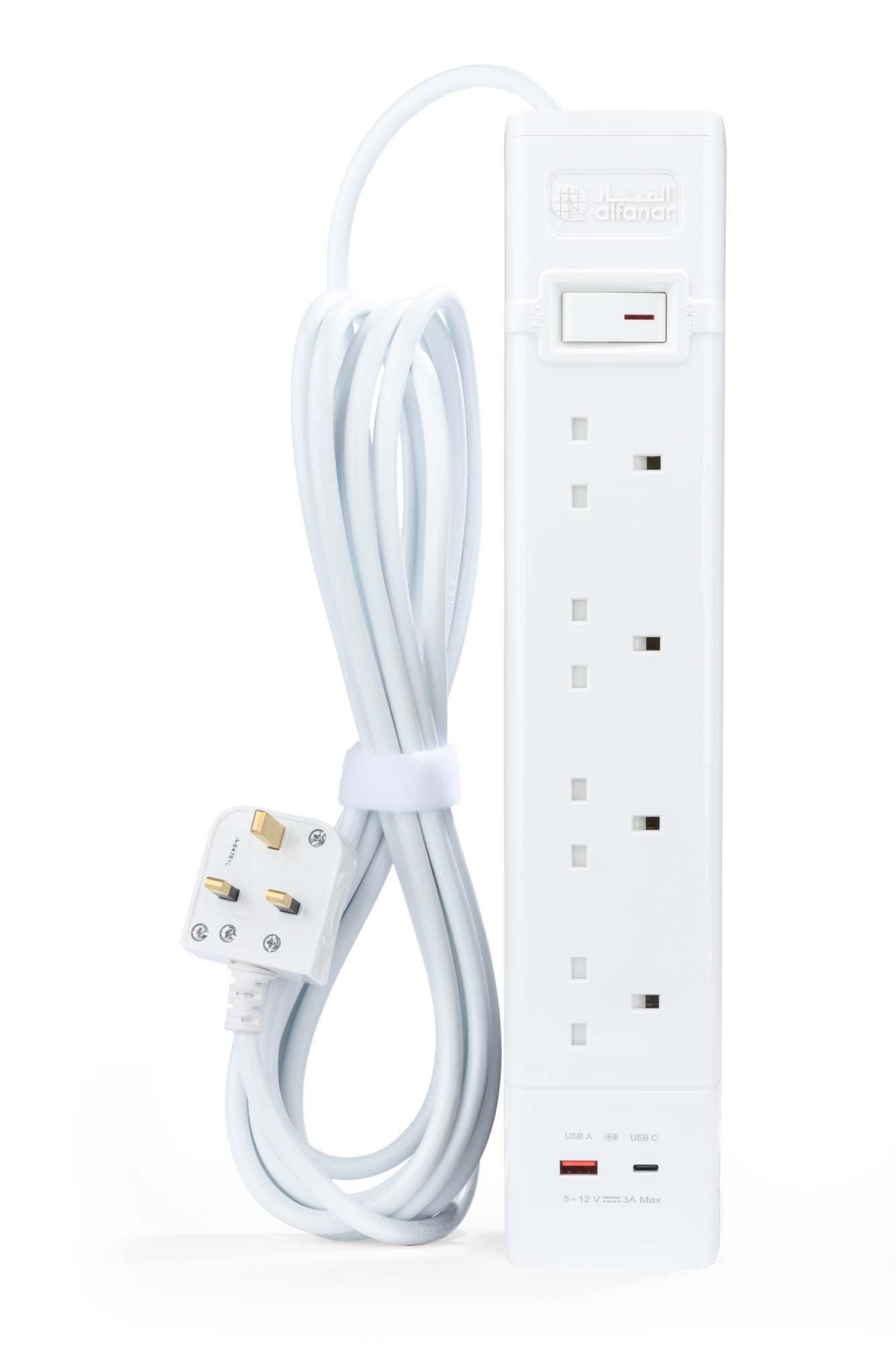 ALFANAR, Power Extension Cord, 13A, 4 Sockets, 5M, White - eXtra