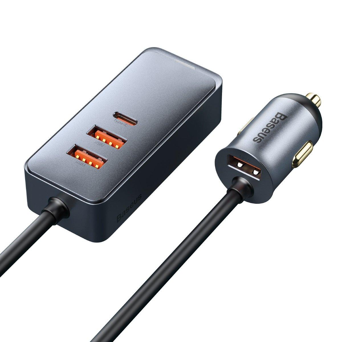 Baseus Multi Port Car Charger with extension cord, 120W, Gray - eXtra
