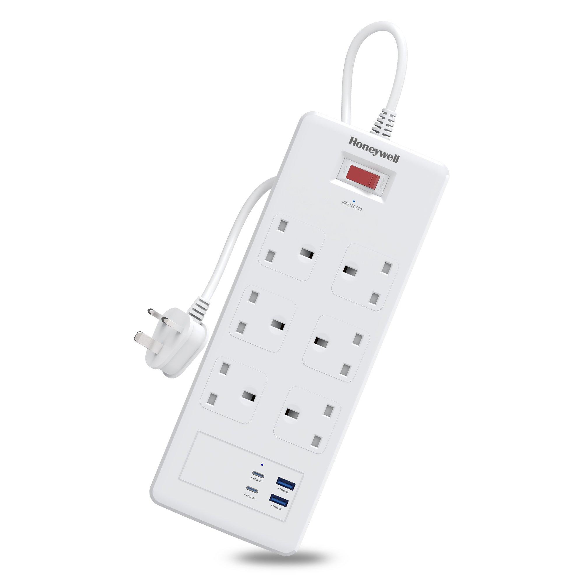 Honeywell PLATINUM SERIES 1.8m 6-Way Power Extension Socket With 2USB-A ...