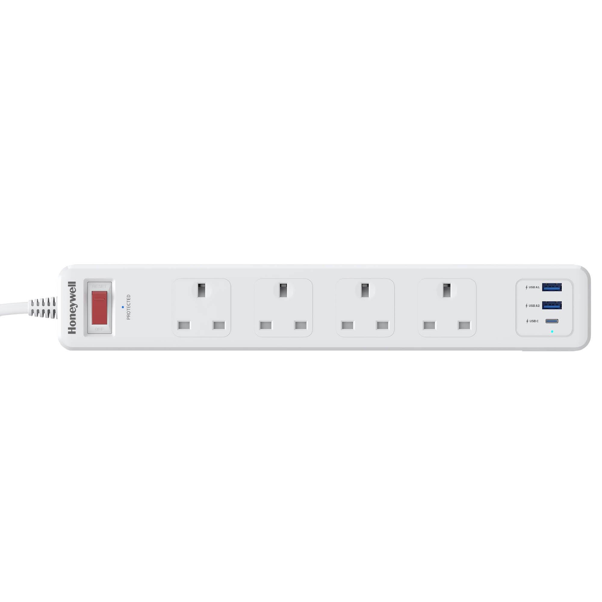 HONEYWELL, Power Extension Cord, 4 Sockets, 1.8M, 2 x USB-A, 1 X USB-C, White - eXtra