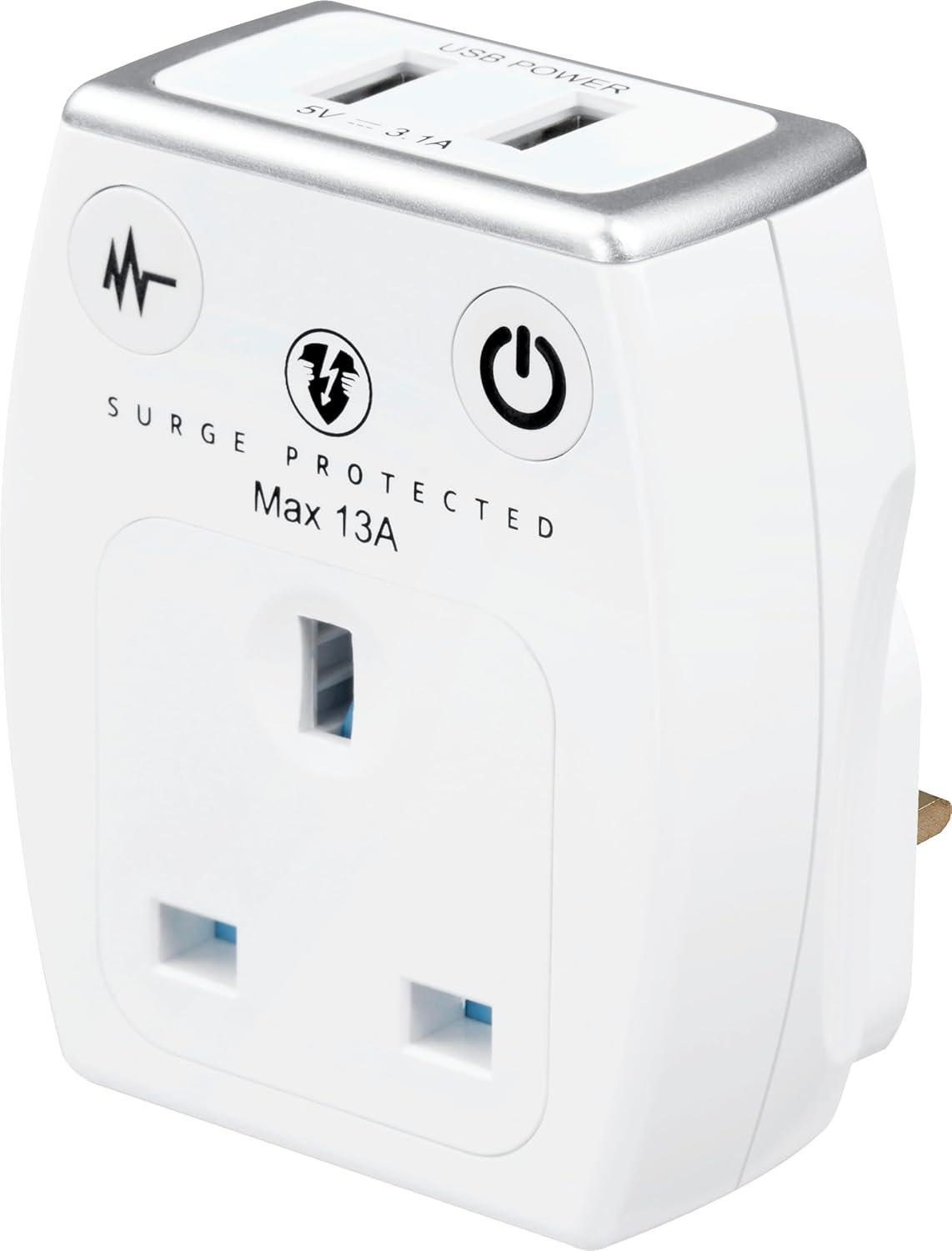 Masterplug ,Surge Adaptor With 2 X Usb (3.1A), Gloss White - eXtra