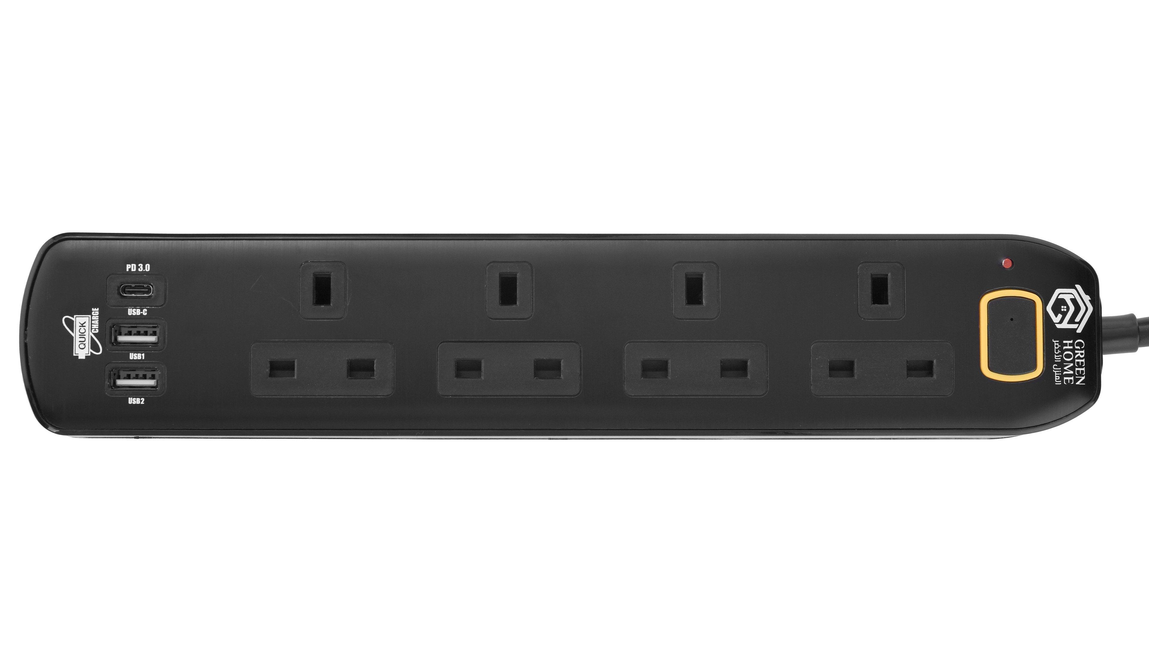 GREEN HOME, Power Extension Cord, 4 Sockets, 2USB & 1 Type C, 3M Cable Length, Black - eXtra