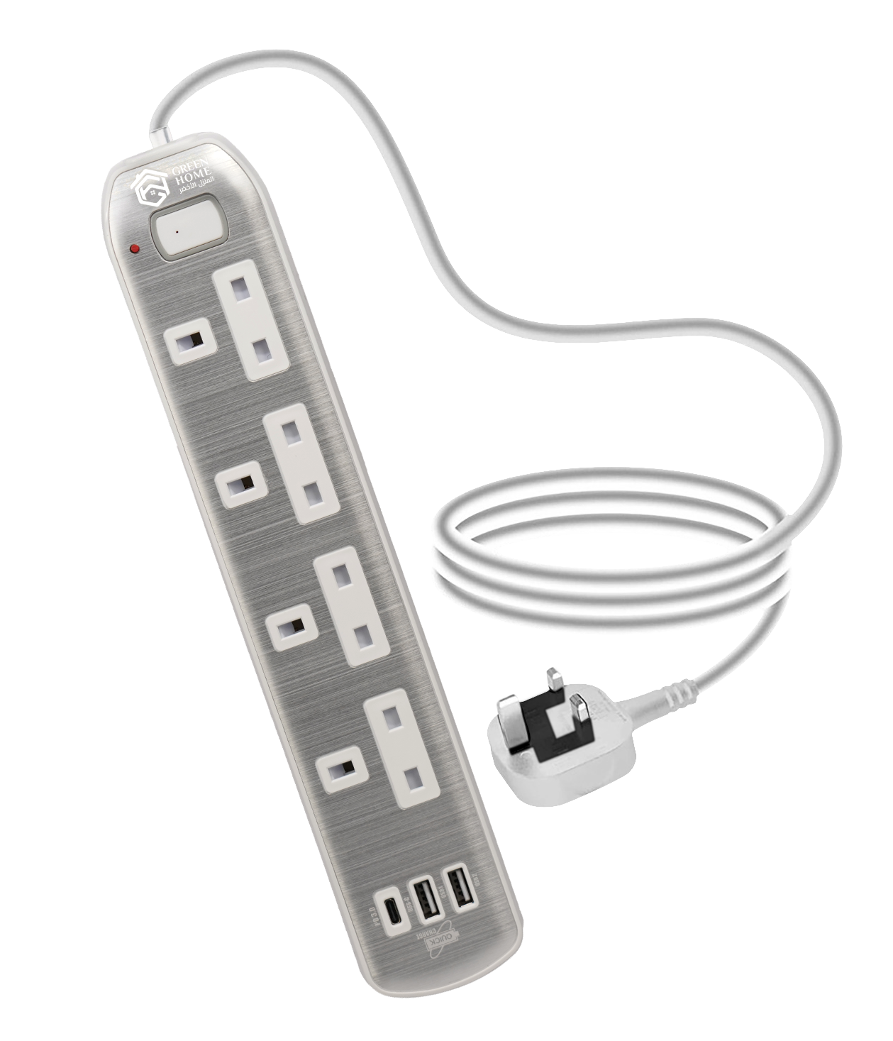 GREEN HOME, Power Extension Cord, 4 Sockets, 2USB & 1 Type C, 3M Cable Length, Silver - eXtra