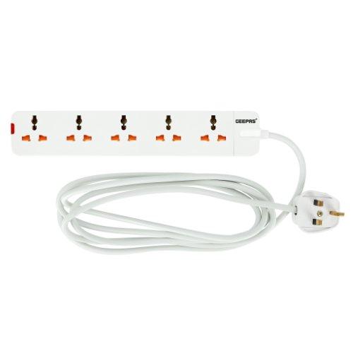 Geepas 5 Way Extension Socket, 3 Mtr, 13A, White - eXtra Oman