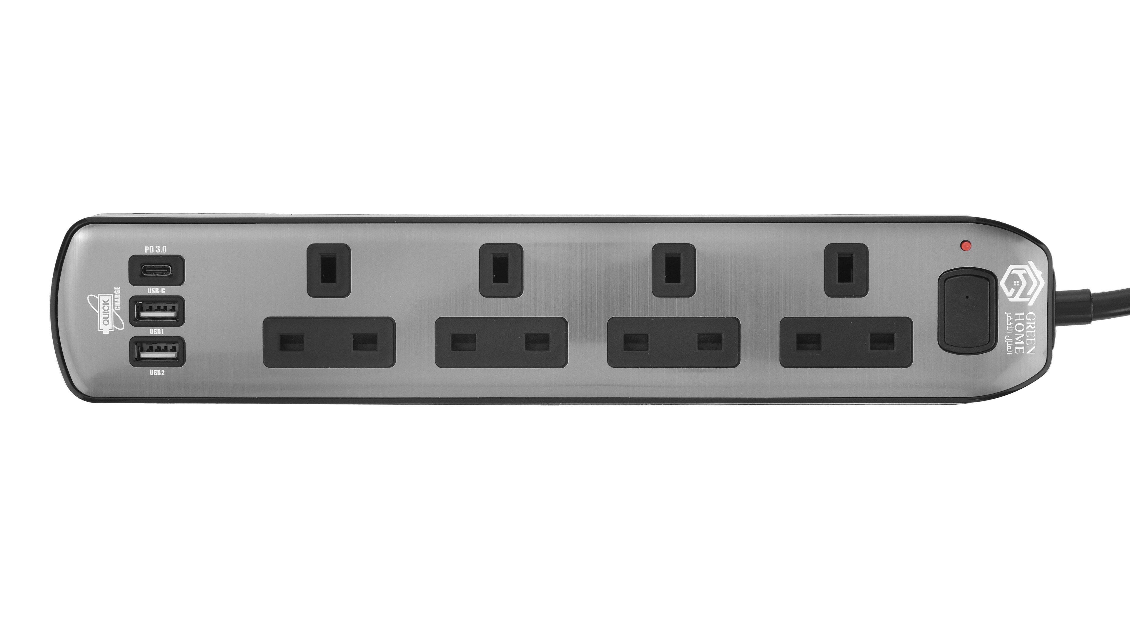 GREEN HOME, Power Extension Cord, 4 Sockets, 2USB & 1 Type C, 5M Cable Length, Grey - eXtra