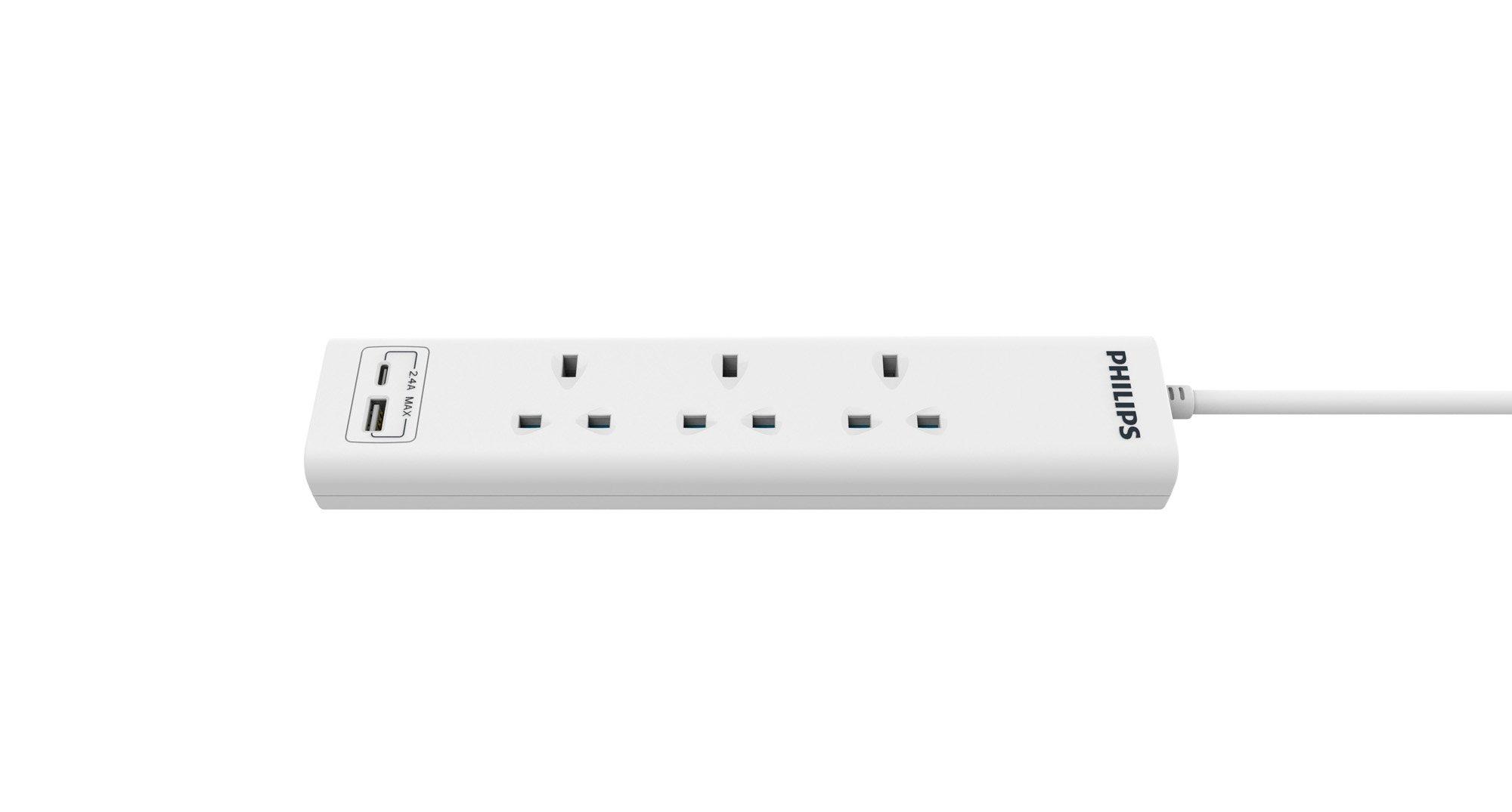 PHILIPS, Power Extension Cord, 3 Sockets, 1 USB & 1 Type C, 3M, White ...