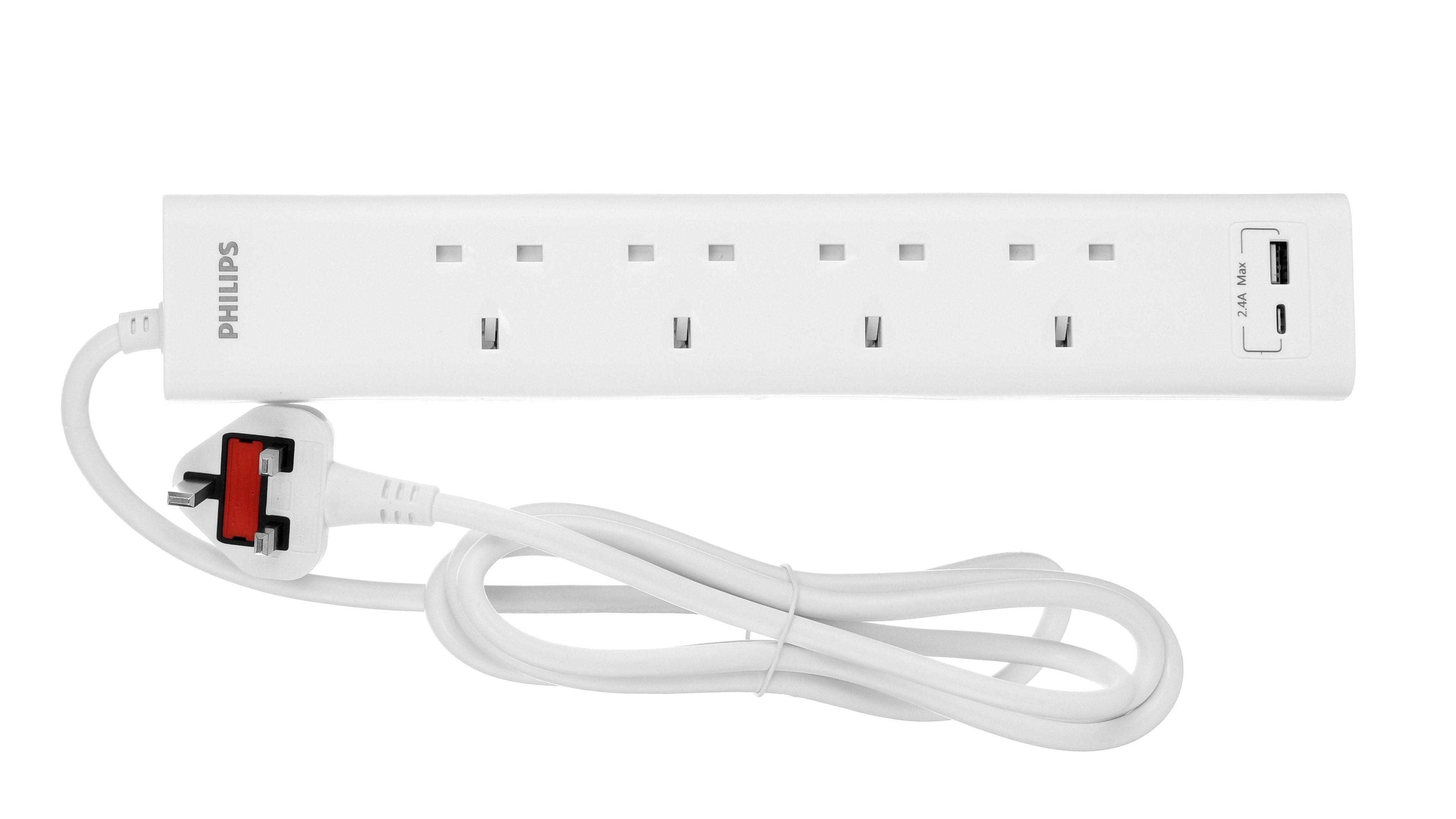 PHILIPS, Power Extension Cord, 4 Sockets, 1 USB & 1 Type C, 2M, White ...