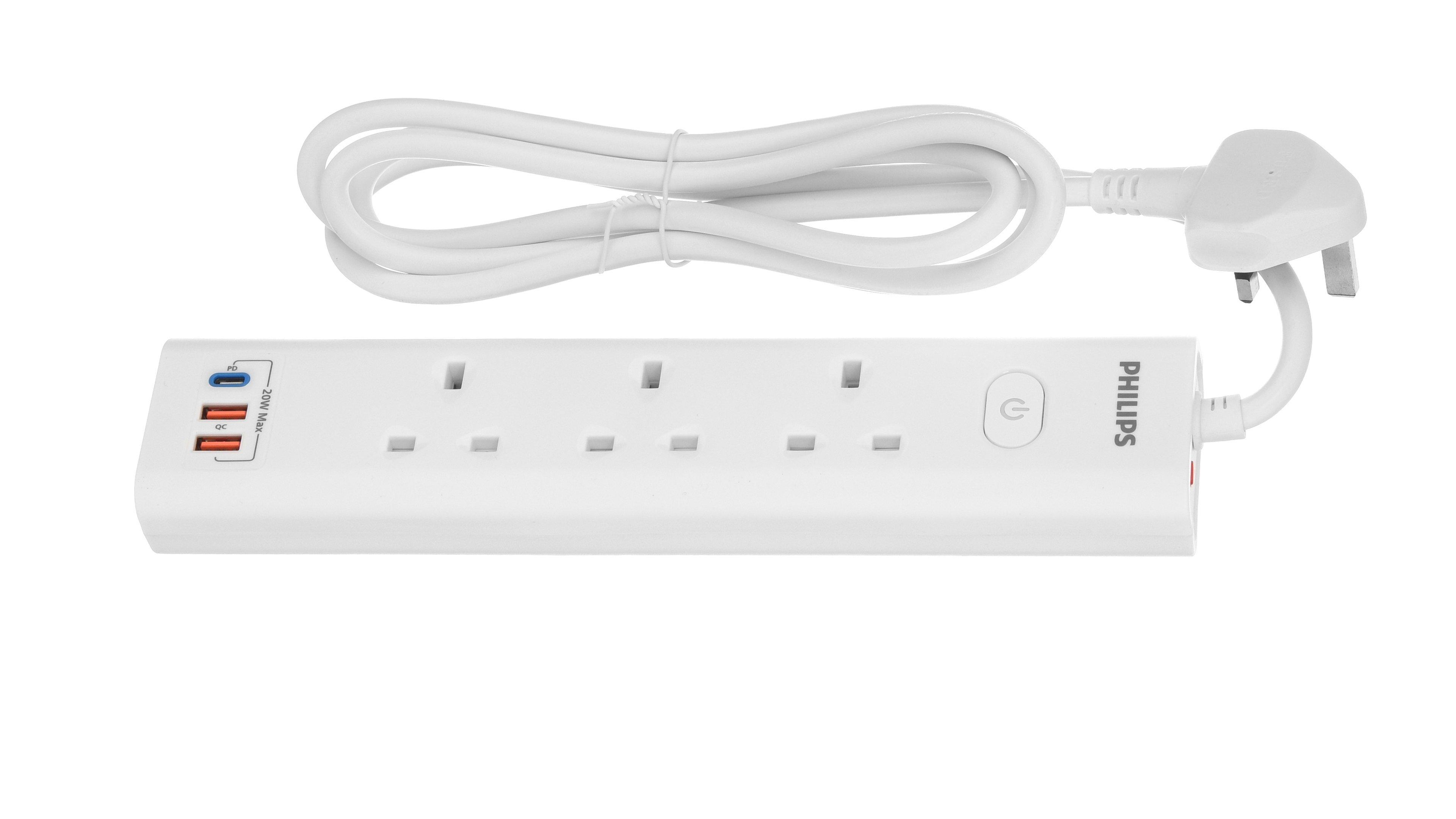 PHILIPS, Power Extension Cord, 3 Sockets, 2 USB & 1 Type C, 2M, White ...