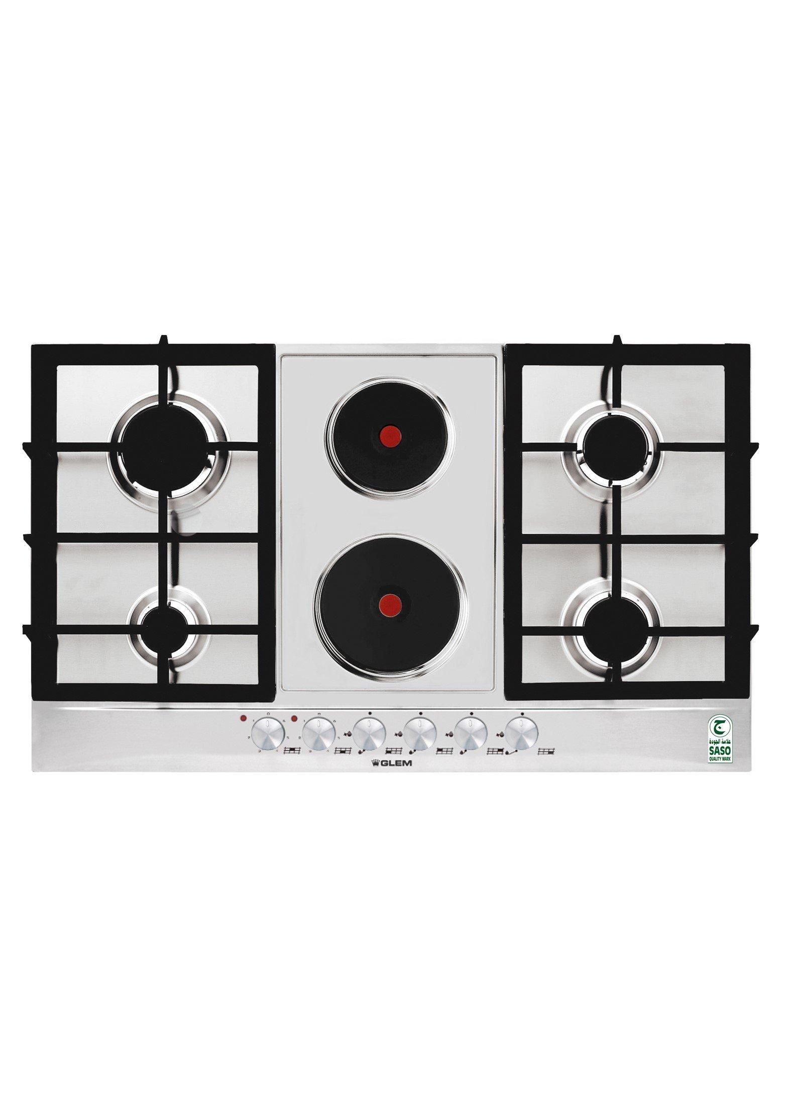 GLEM GAS, Built-In Gas Hob, 86cm, 4 Burners, 2 Electric Hobs, Steel - eXtra
