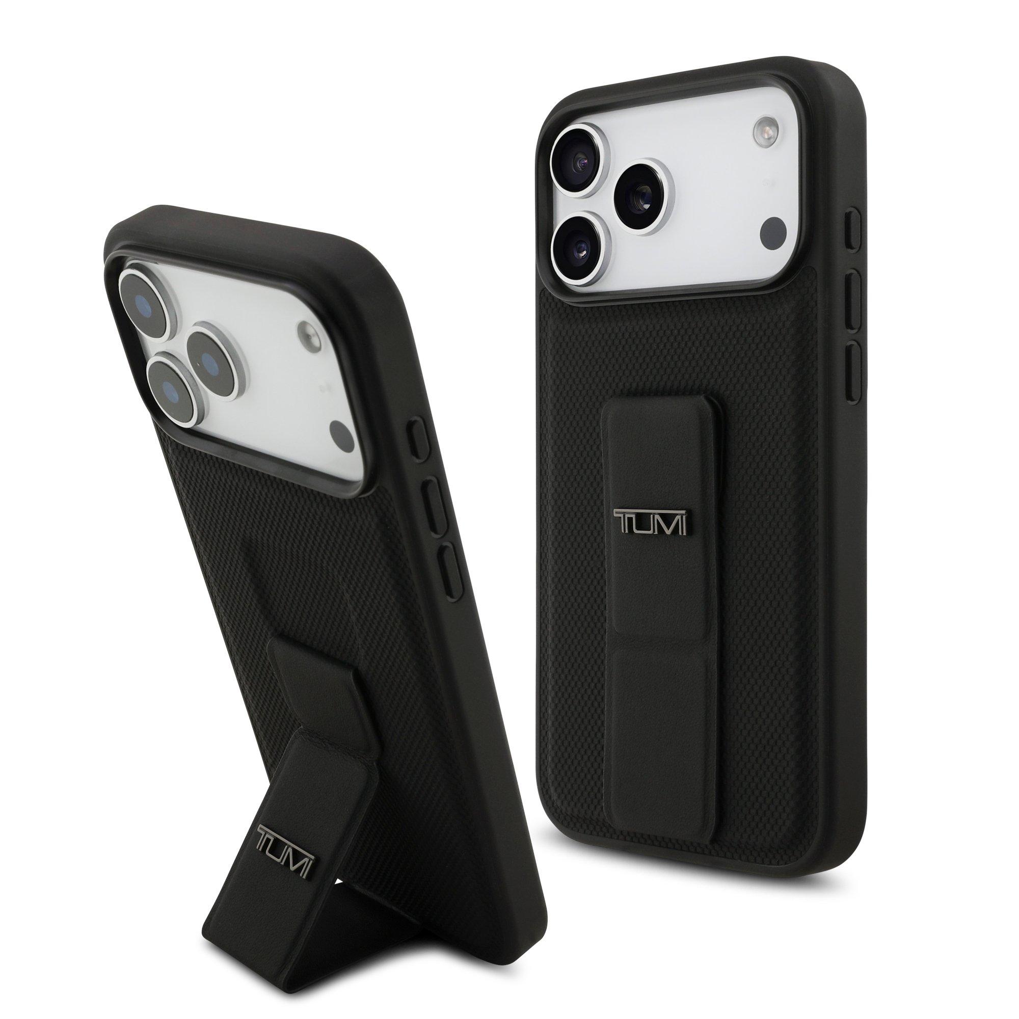 TUMI - CASE IP 17 PRO MAX LEATHER WITH GRIP STAND- BLACK - eXtra