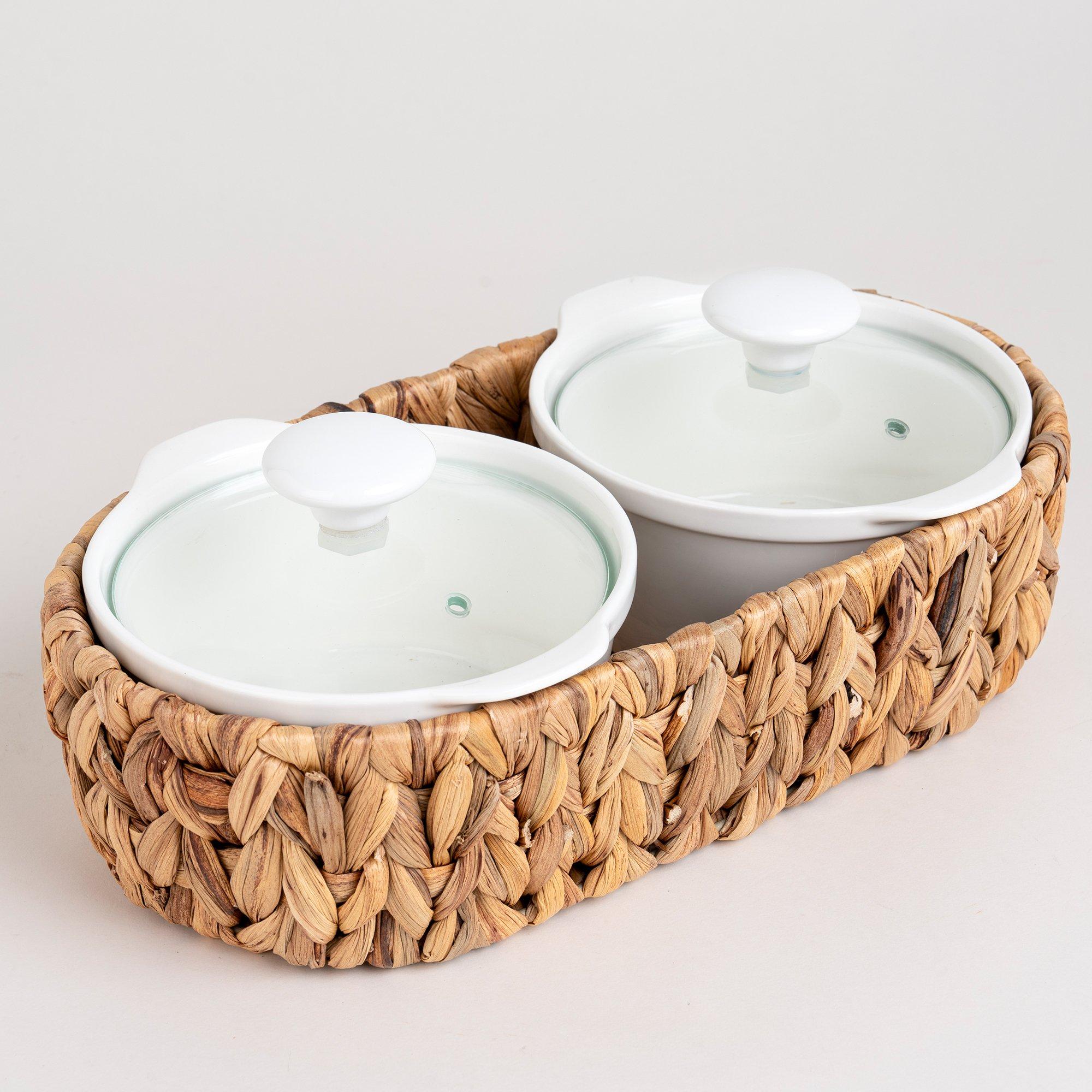 Porcelain 2pcs round casseroles with lid and rattan basket 0.6 l+ 0.6 l ...